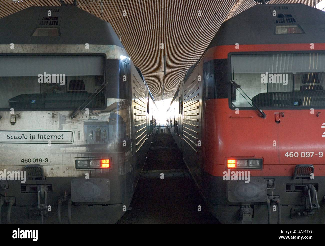 Apr 10, 2005; Zurich, SWITZERLAND; Two stationary trains at ...