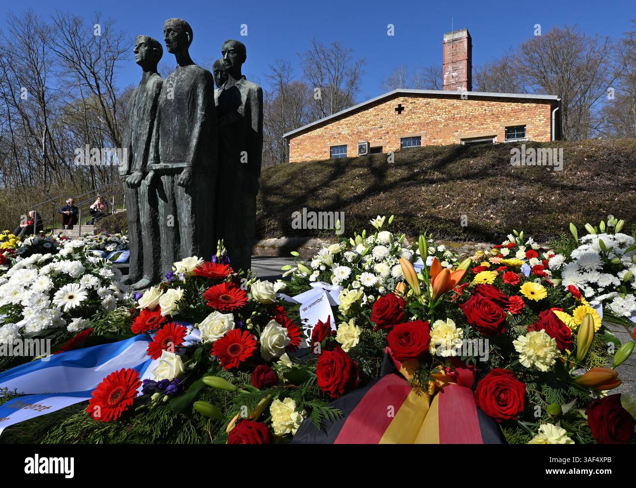 Nordhausen, Germany. 07th Apr, 2025. Wreaths lie at the former ...