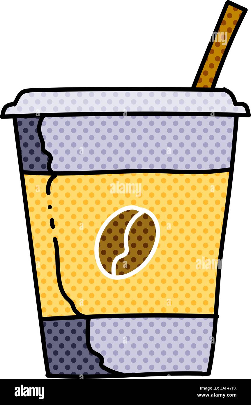 coffee drink plastic cup with straw halftone hand drawn color vector ...