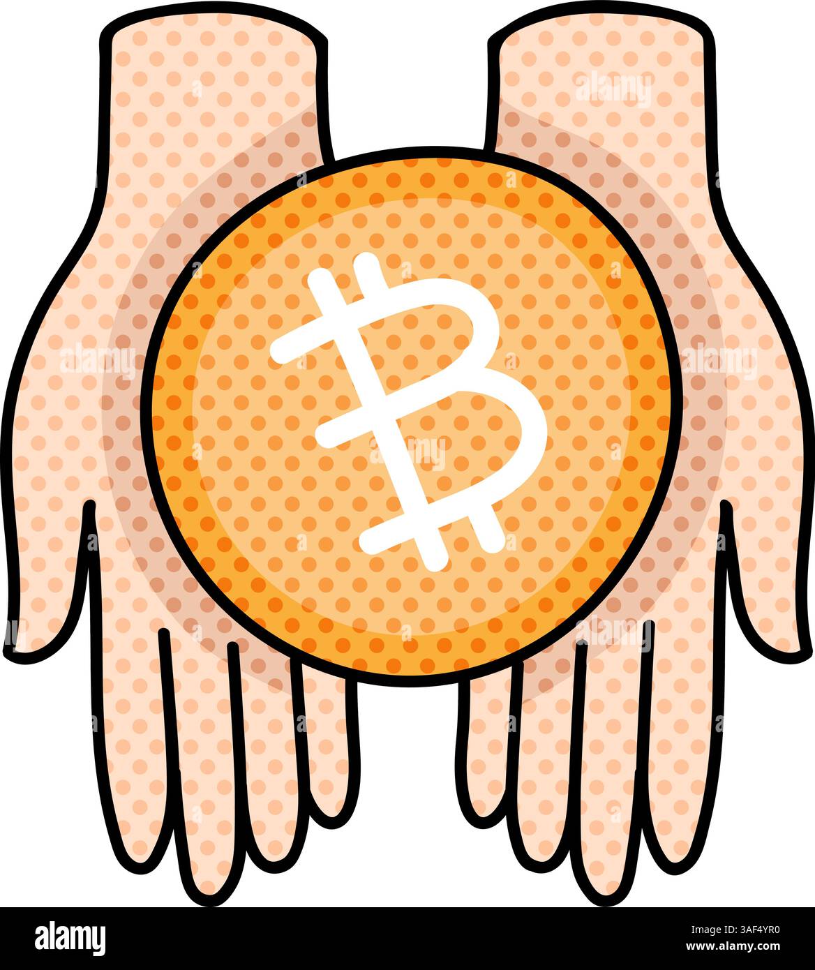 hand holding bitcoin cryptocurerency halftone hand drawn color vector ...