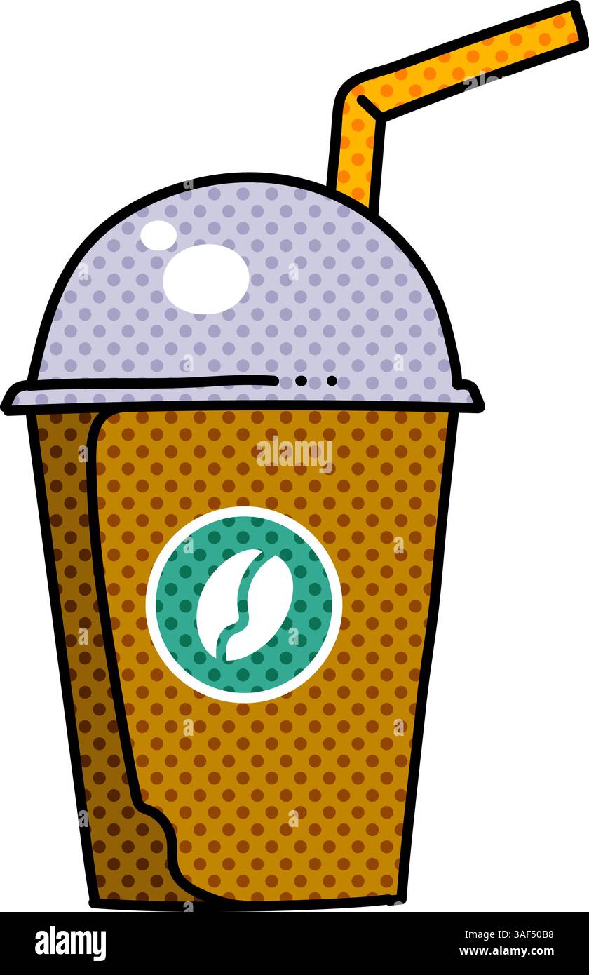 coffee drink plastic cup with straw halftone hand drawn color vector ...