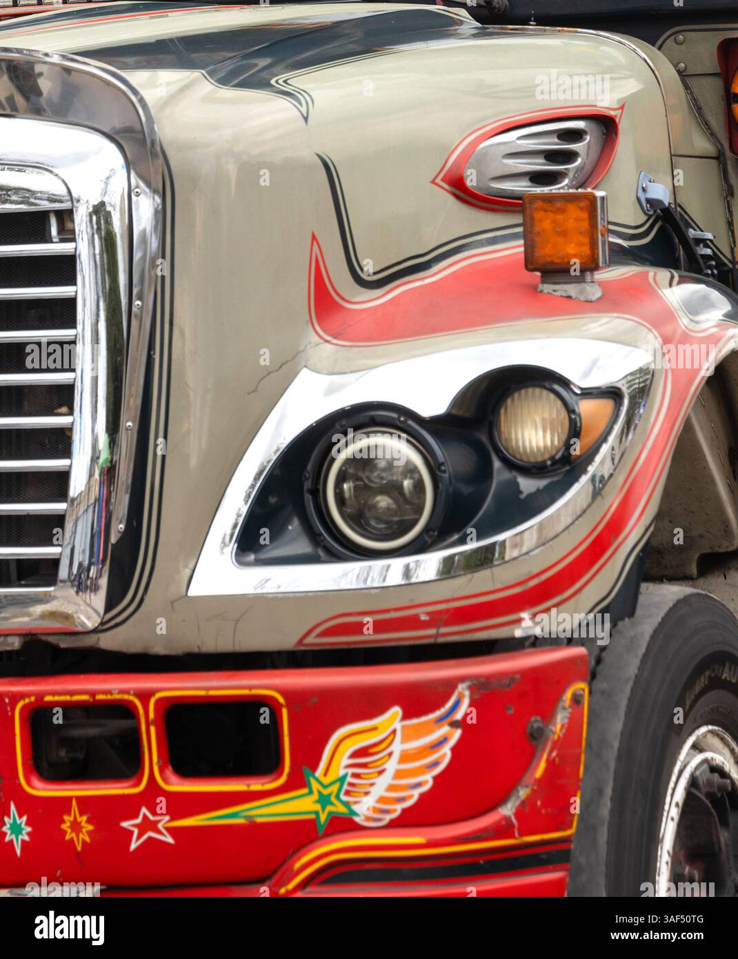 Abstract section of colourful Guatemalan chicken bus. American school ...
