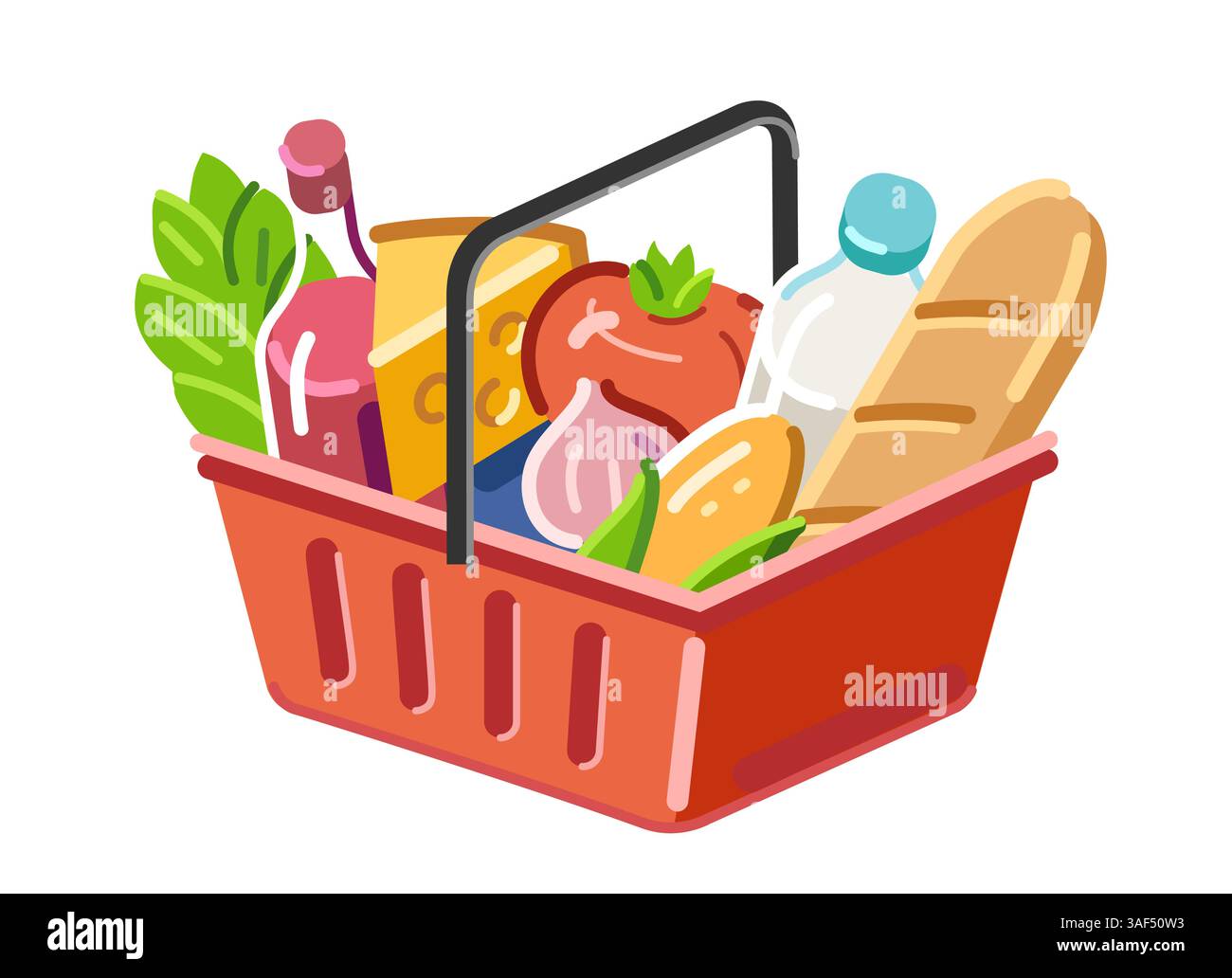 Plastic shopping basket full variety of grocery products. Purchase from ...