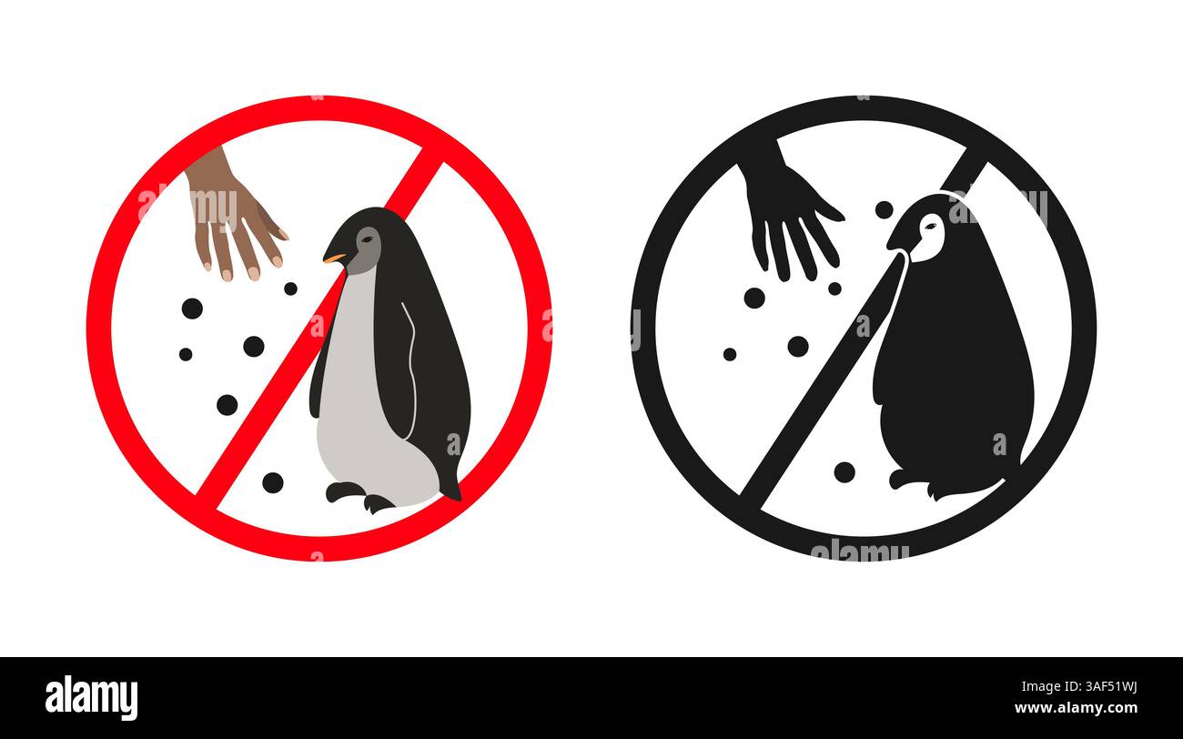 Prohibition sign with a hand offering food to a penguin, do not feed ...