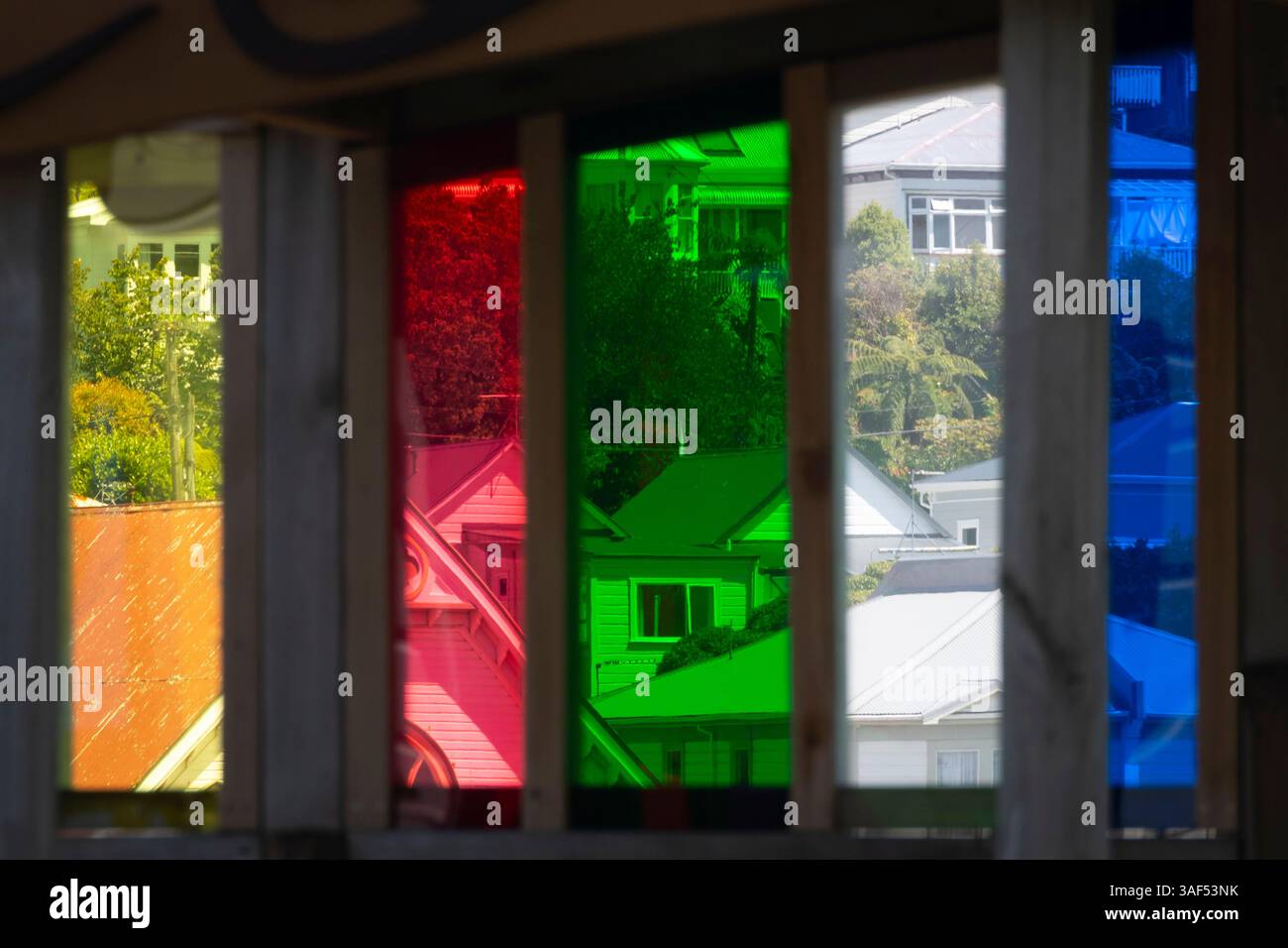 Suburban houses through coloured windows, Brooklyn, Wellington, North ...