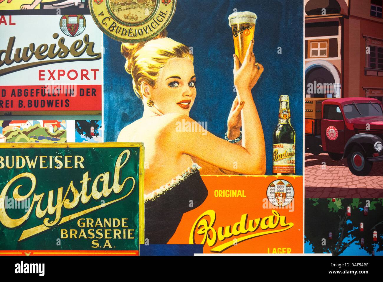 Ceske Budejovice, Czech Republic. 10th Nov, 2024. Old beer posters seen ...