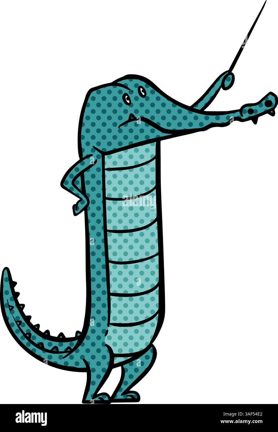 Hand drawn crocodile holding stick halftone color vector illustration ...
