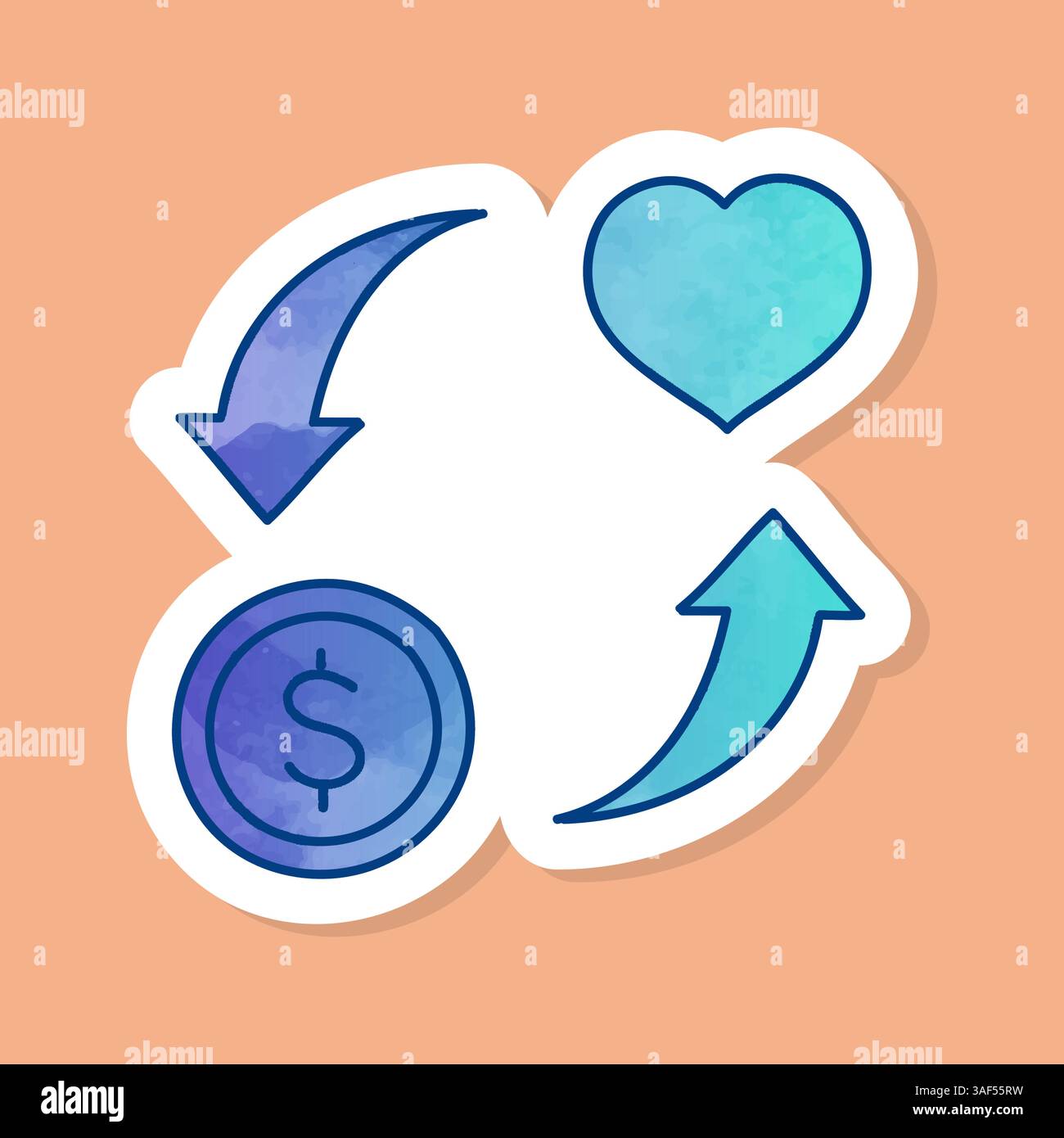 Coin and heart shape and rotating arrows color sticker Stock Vector ...