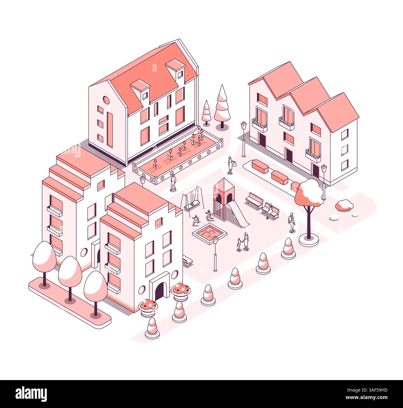 Residential buildings with playground - vector isometric illustration ...