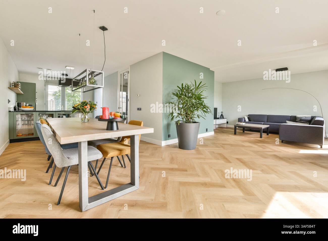 A stylish living room featuring a blend of modern furniture, greenery ...