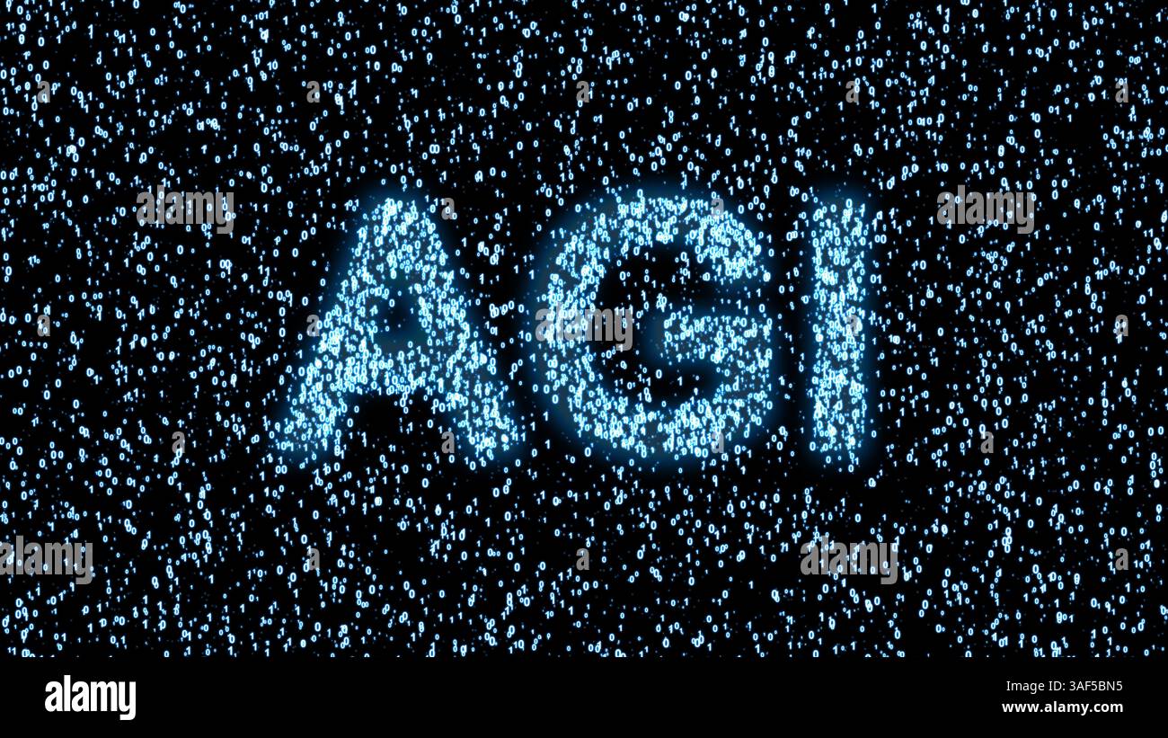 Binary field of 0s and 1s forming the word AGI — a bold symbolic ...