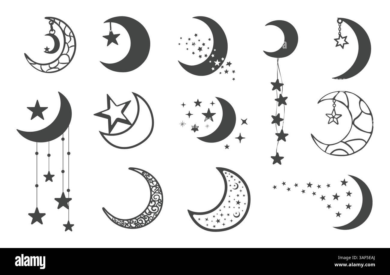Moon and stars vectors, Moon and stars silhouette, Moon silhouette ...