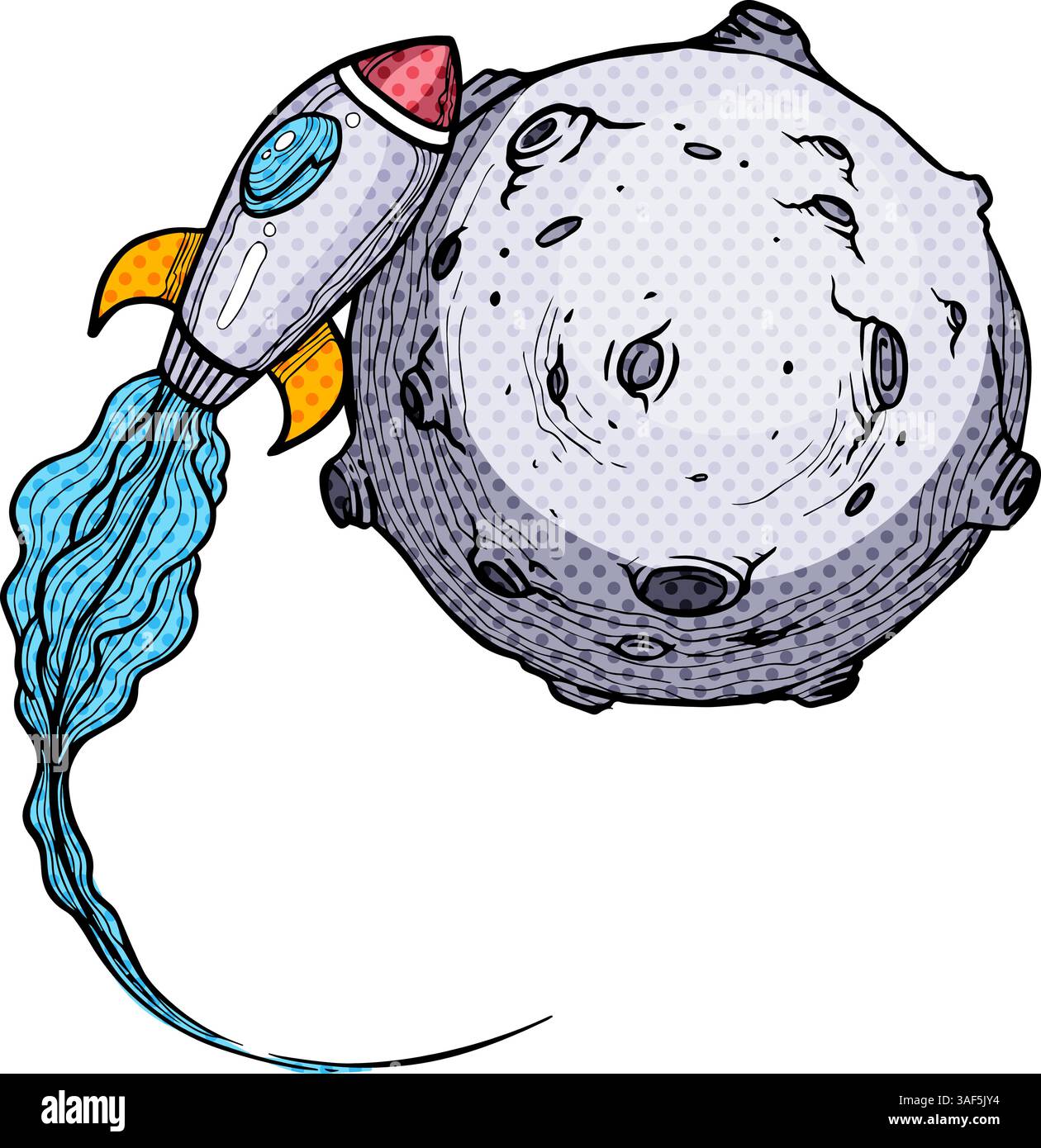 bitcoin space rocket approaching a planet hand drawn halftone color ...