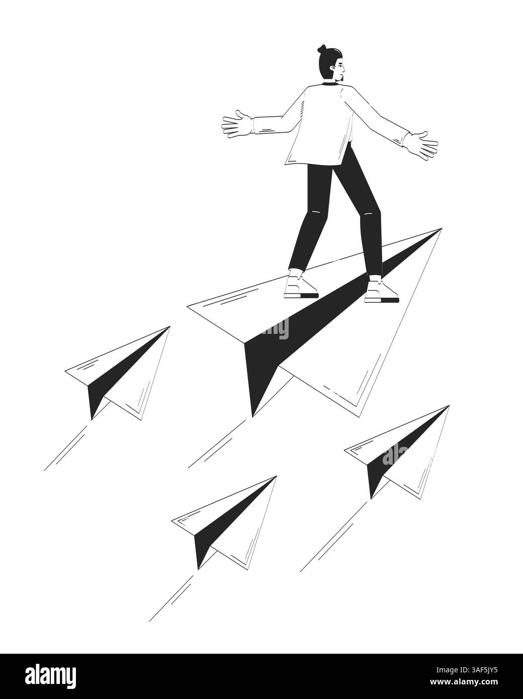 Visionary leader flying forward on paper plane doodle line illustration ...