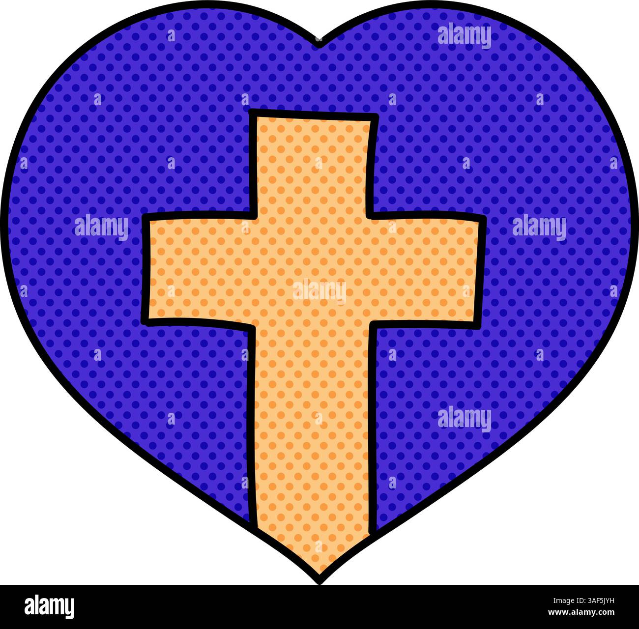 christian cross inside heart shape halftone hand drawn color vector ...