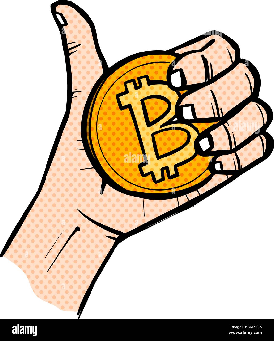 hand holding bitcoin coin and gesturing thumb up hand drawn halftone ...