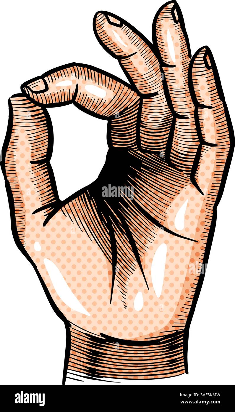 Ok hand sign hand drawn halftone color vector illustration Stock Vector ...