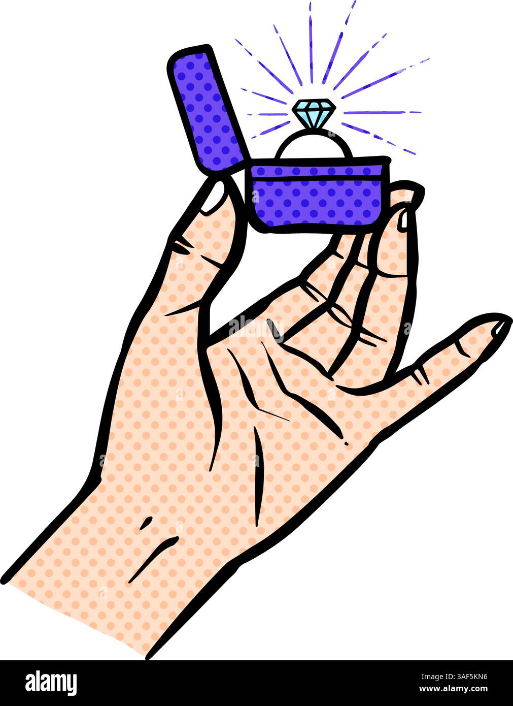 Hand holding diamond ring box halftone color vector illustration Stock ...