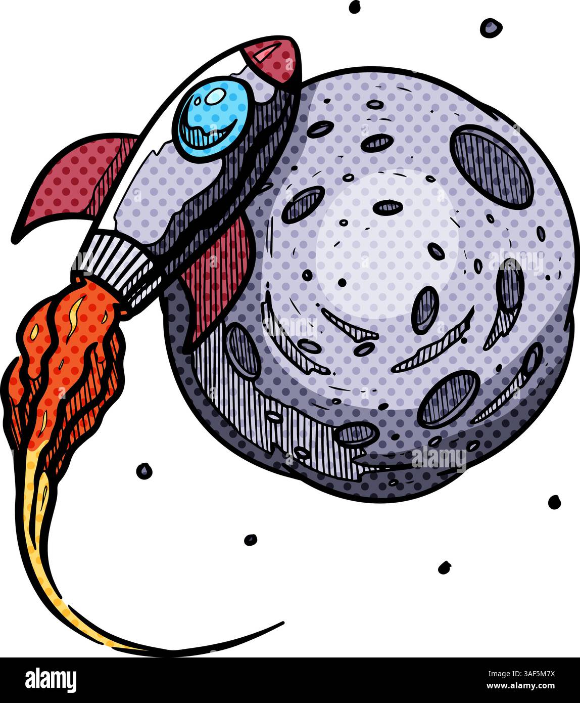 bitcoin space rocket approaching a planet hand drawn halftone color ...
