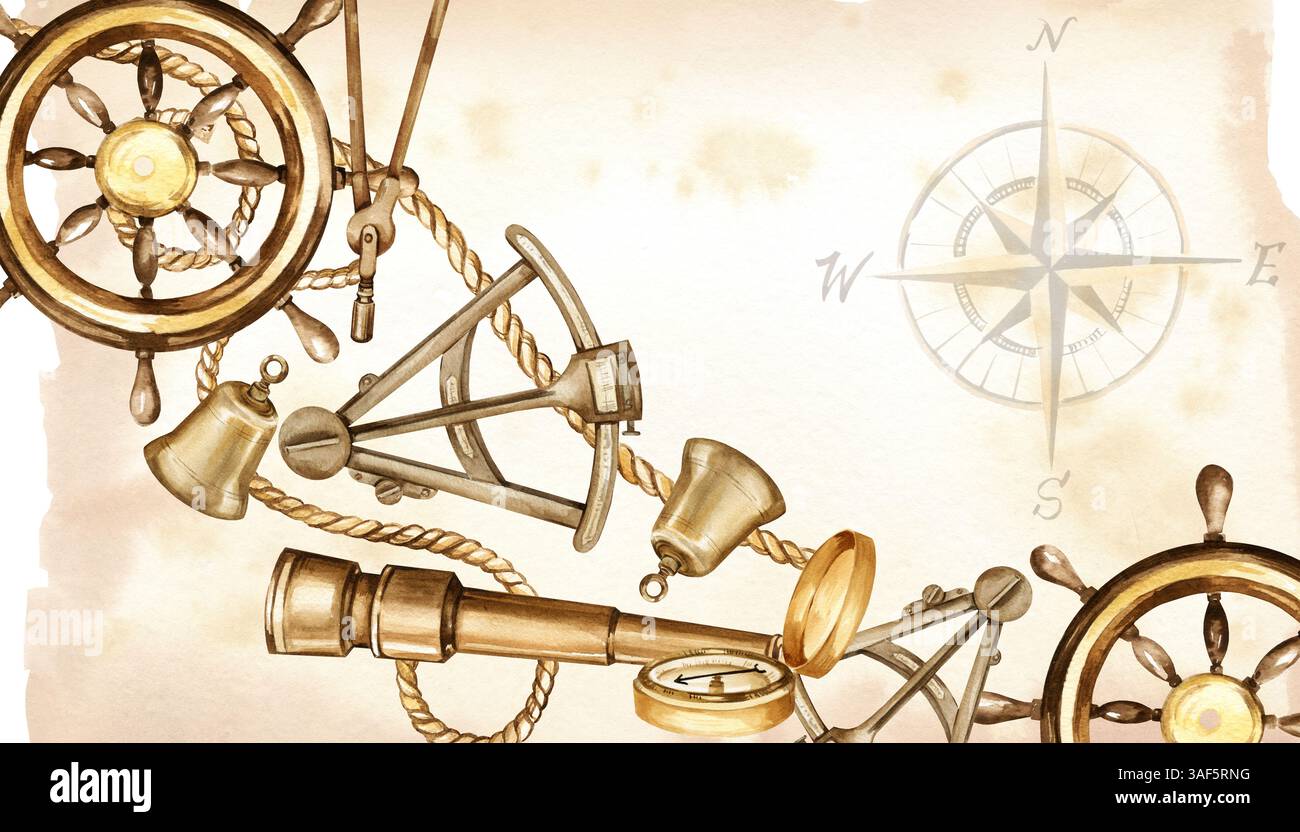 watercolor vintage marine illustration, antique ship steering wheel ...
