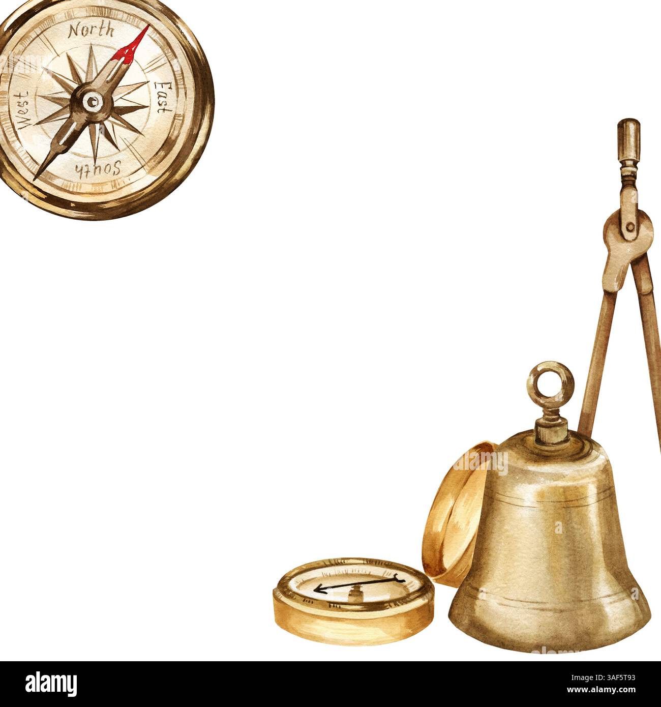 watercolor vintage brown textured compass, old metal rusty bell, aged ...