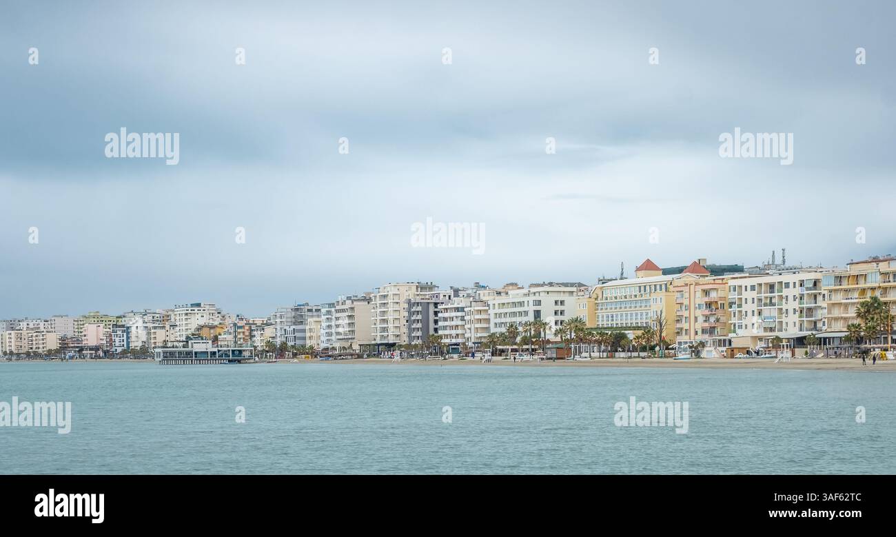 Albania Adriatic sea riviera, shoreline. Sandy beach with hotels and ...