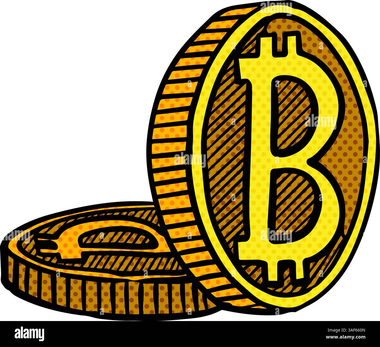 bitcoin cryptocurrency coin hand drawn halftone color vector ...
