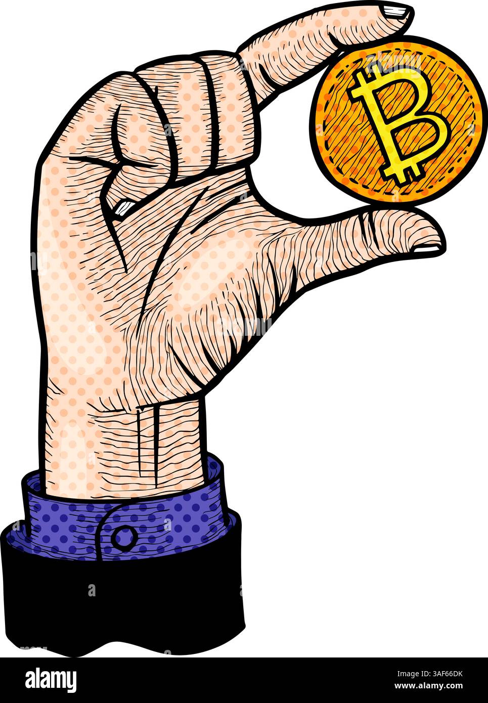 hand holding bitcoin coin hand drawn halftone color vector illustration ...