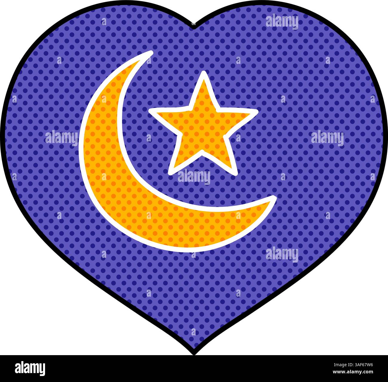 crescent star inside heart shape halftone hand drawn color vector ...