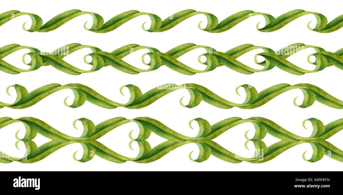 Green, symmetrical, twisted vines, leaves in vignette. Seamless border ...