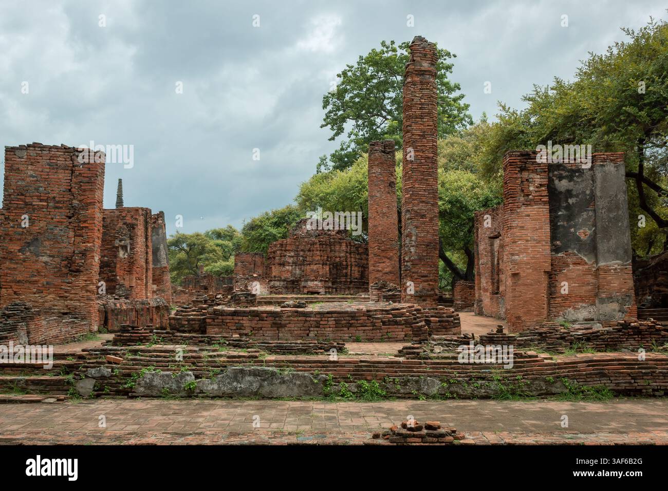 Red brick and stone temple ruin building pagoda complex structures of ...