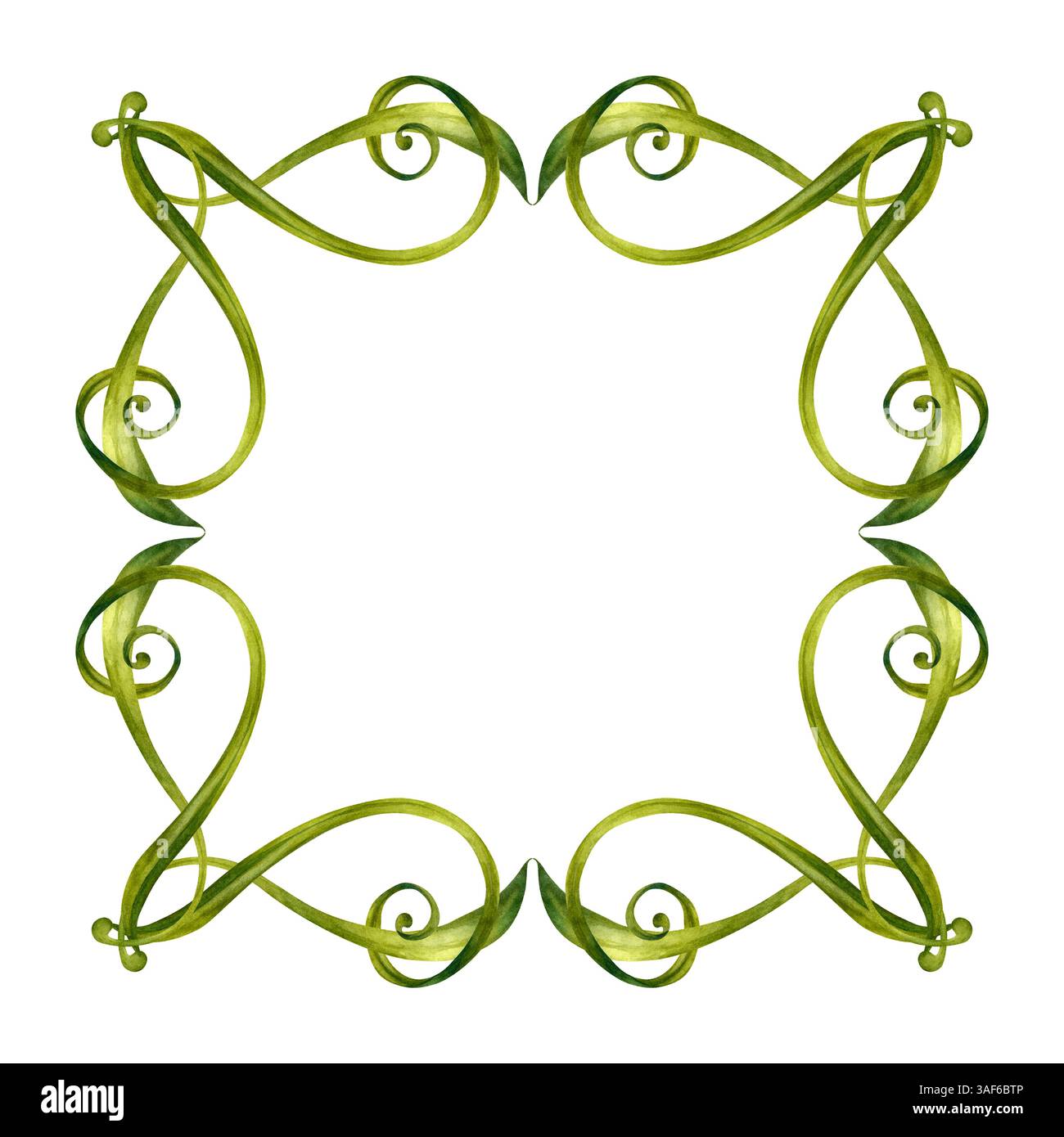 Watercolor floral frame with green swirls vine, leaves. Botanical ...