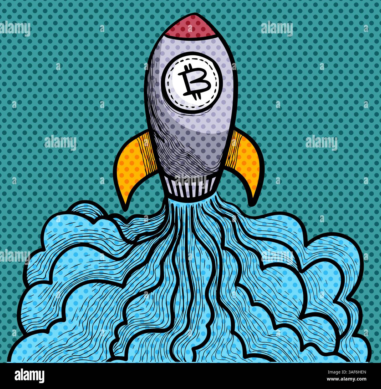bitcoin space rocket take off hand drawn halftone color vector ...