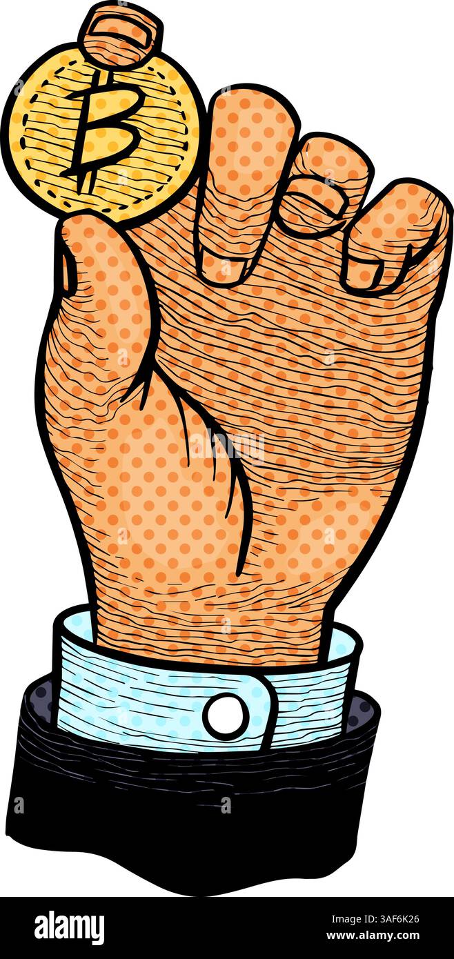 hand holding bitcoin coin hand drawn halftone color vector illustration ...