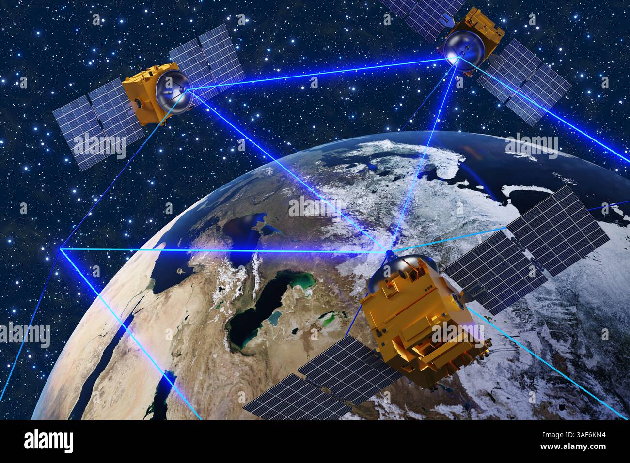 Satellites surrounding the Earth and sending blue laser beams to each ...