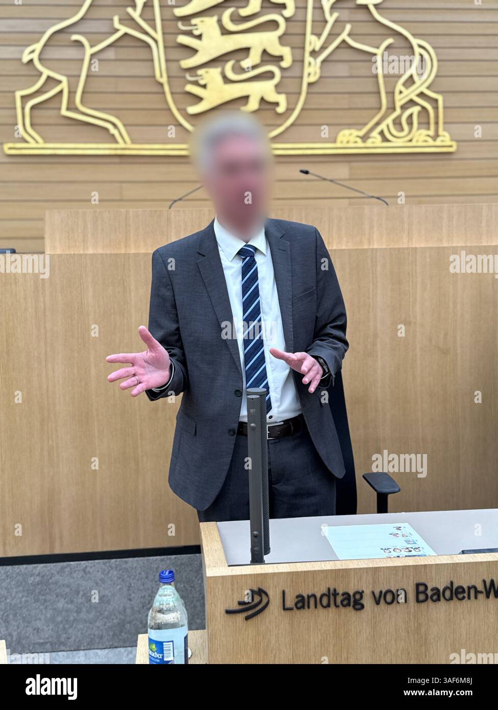 07 April 2025, Stuttgart: The former police inspector gesticulates in ...