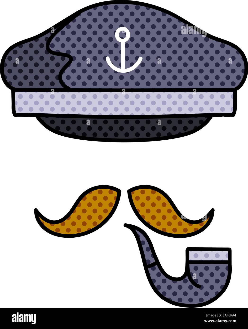 ship captain hat and cigarette holder halftone hand drawn color vector ...