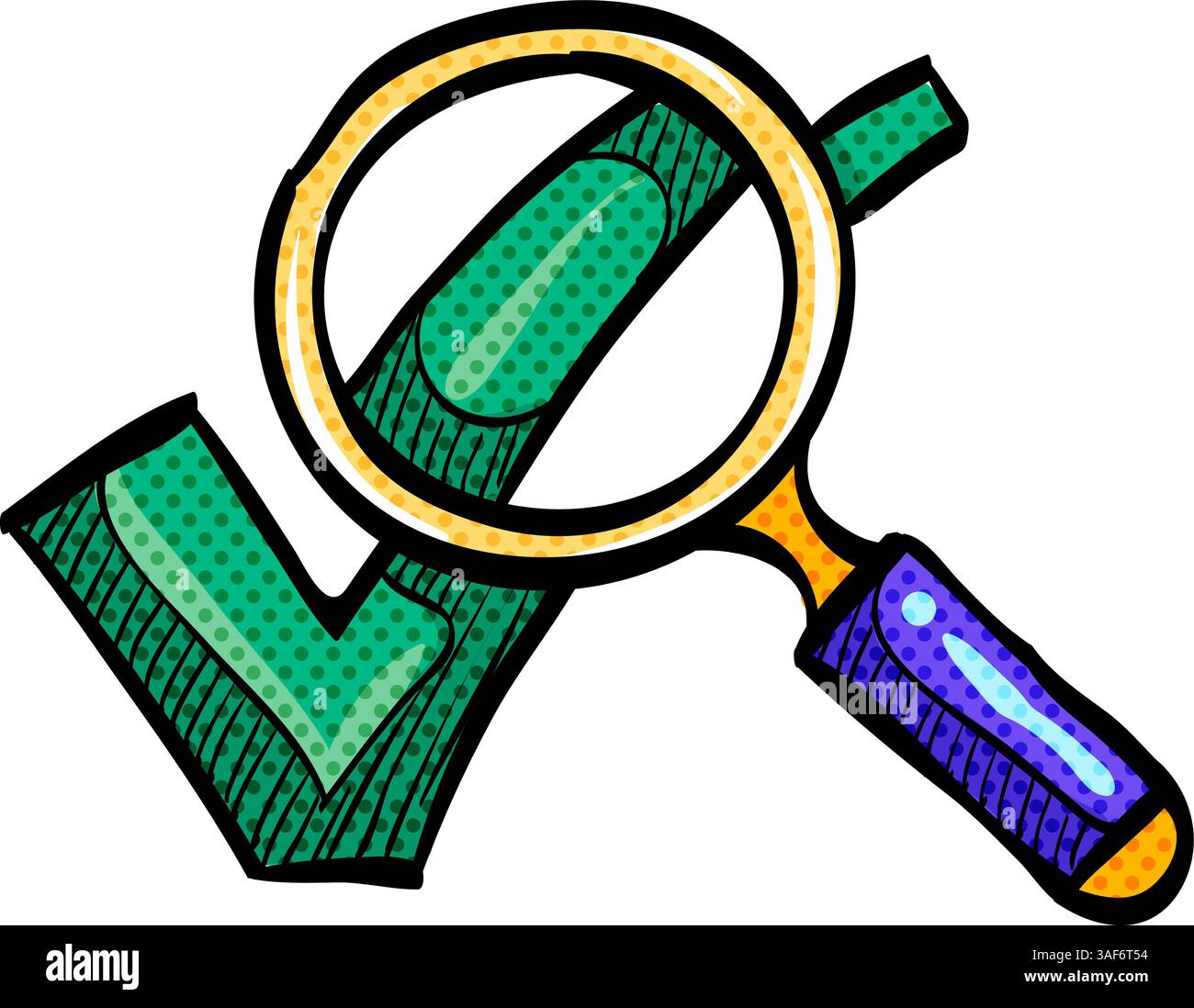 Magnifier check mark halftone icon hand drawn color vector illustration ...