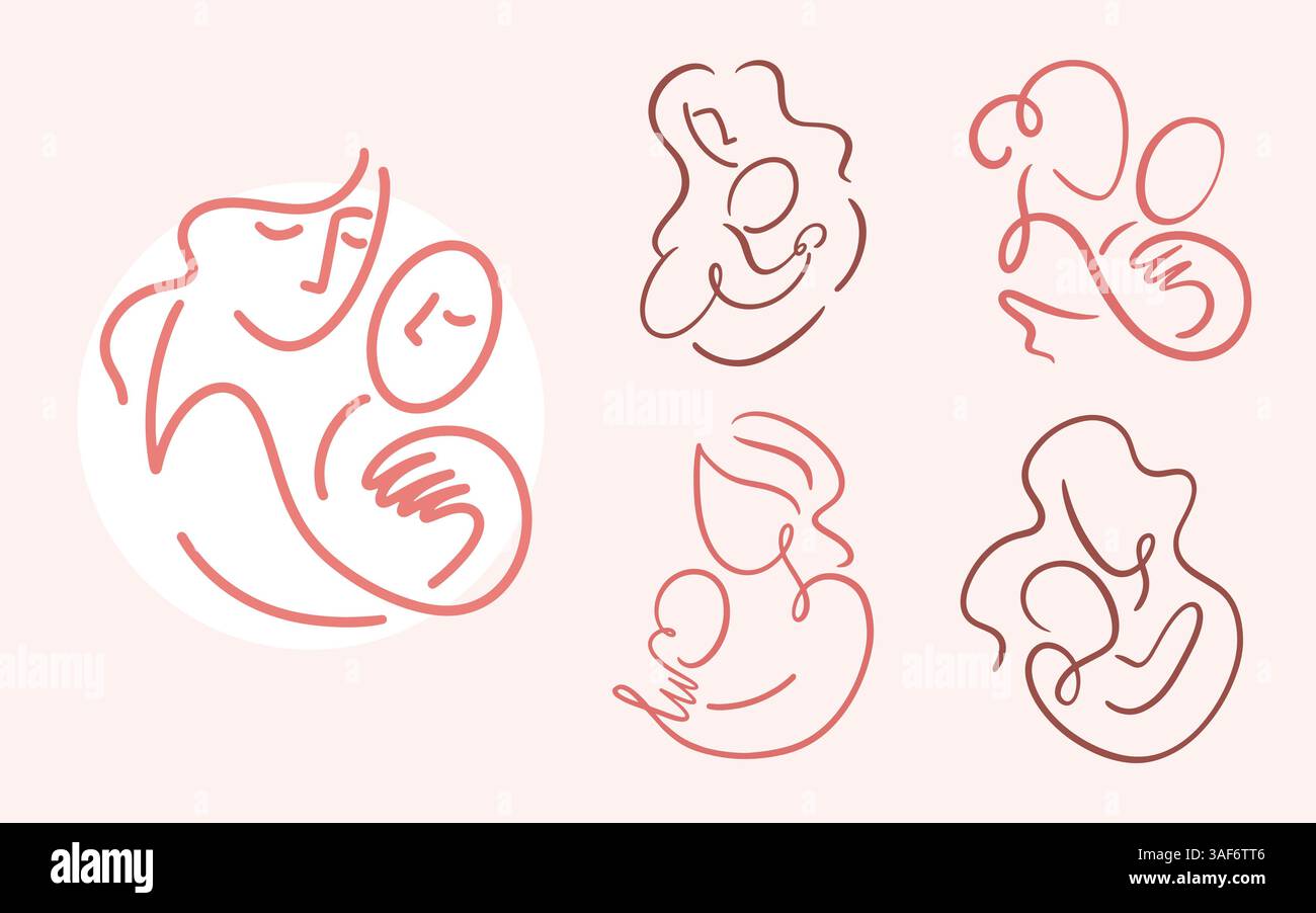 Mother and Baby One Line Art Drawing Breastfeeding Stock Vector Image ...