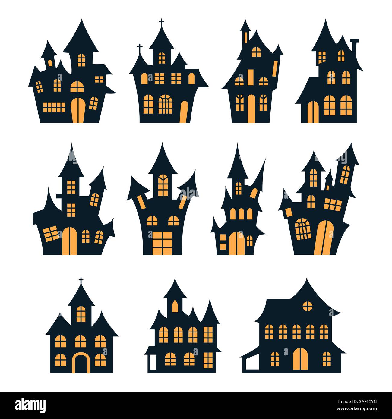 Set of haunted house silhouettes with spooky architecture. Halloween ...