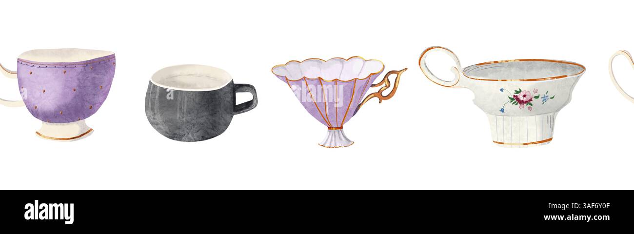 Elegant watercolor border with ceramic and porcelain cups featuring ...