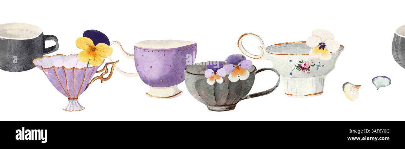 Hand-drawn watercolor border with porcelain and ceramic mugs, gold ...