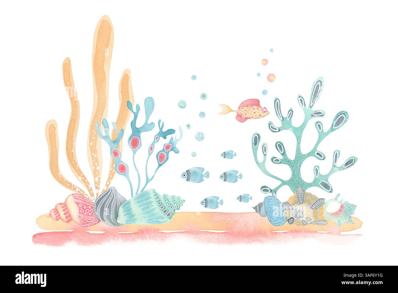 Watercolor ocean life illustration. Seaweed, seashells, fish and sandy ...
