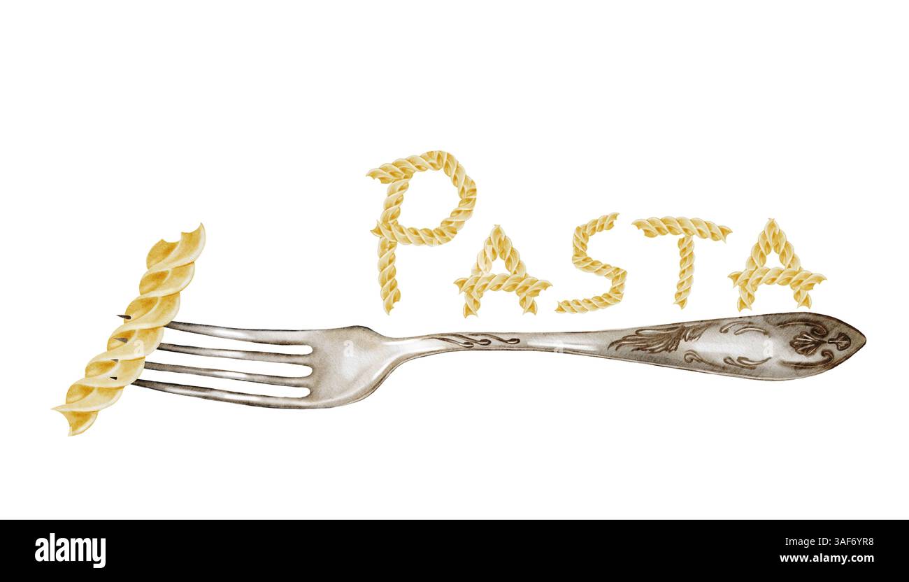 Pasta with a fork and an inscription. Hand drawn italian macaroni on ...