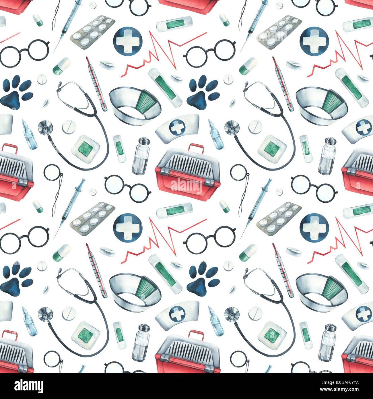 Veterinary medical instruments, medicines, stethoscope, blue cross on a ...