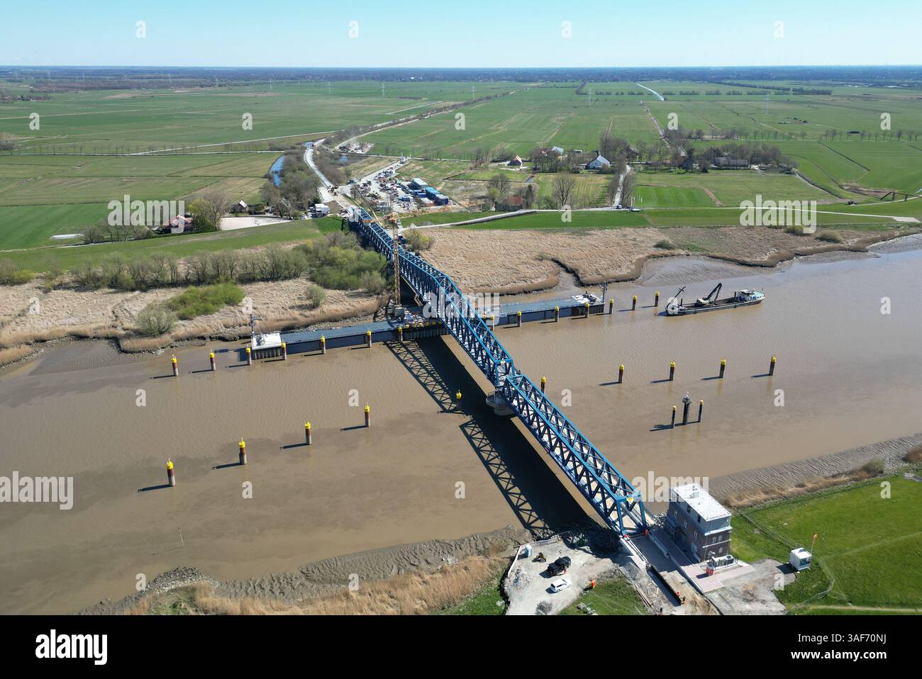 07 April 2025, Lower Saxony, Weener: Aerial view with a drone of the ...