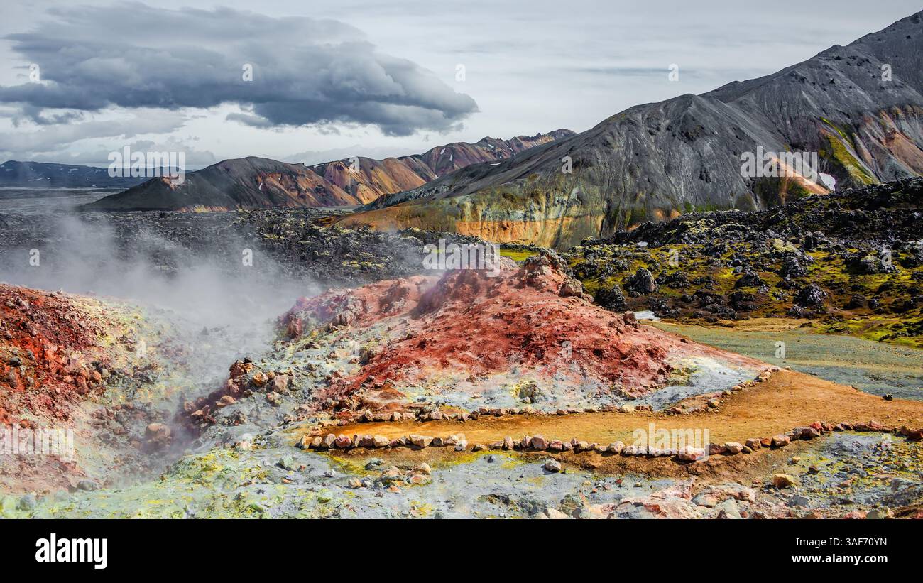 Panoramic over Landmannalaugar, Iceland, old Blahnukur Mount volcano ...