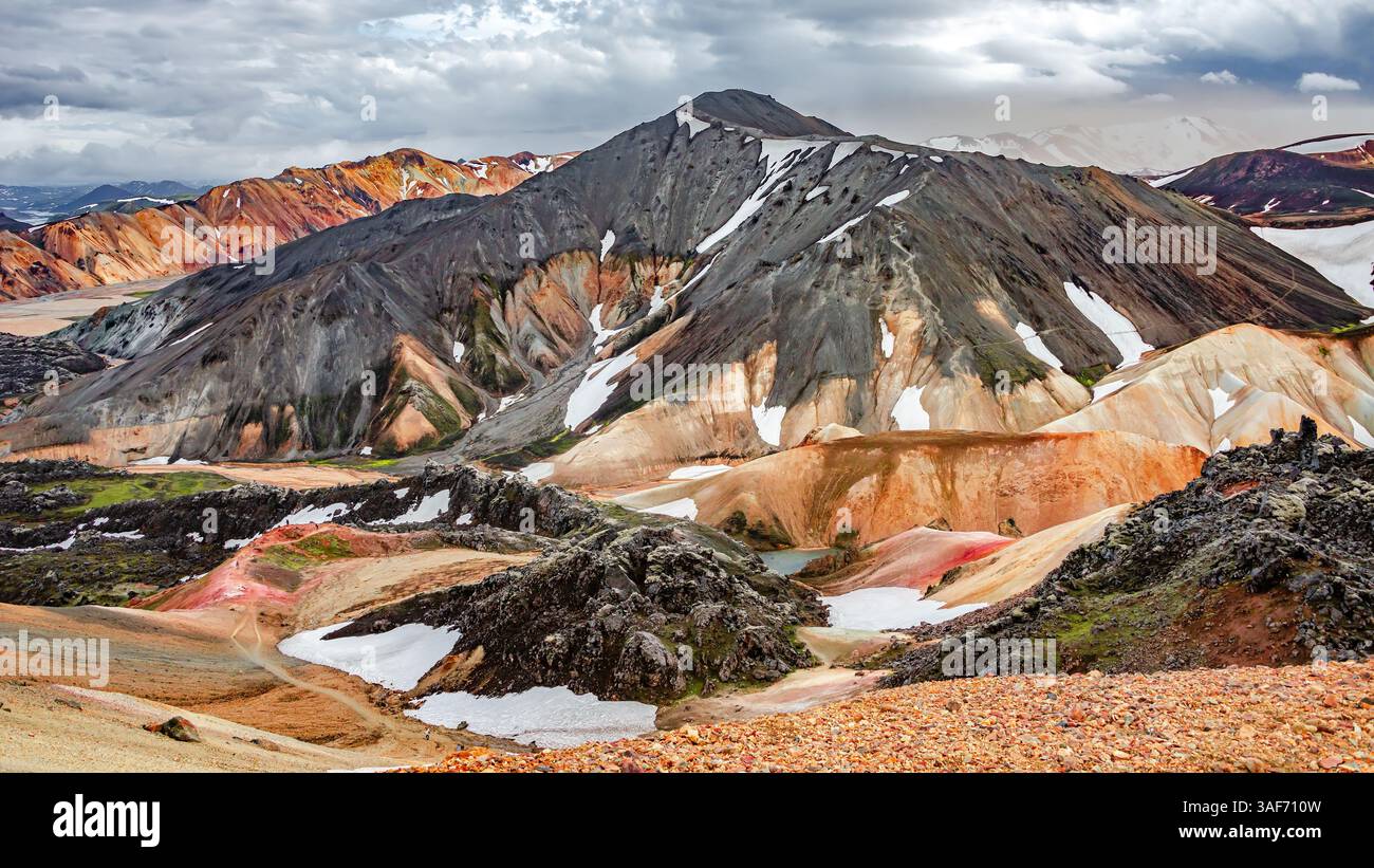 Panoramic over Landmannalaugar, Iceland, old Blahnukur Mount volcano ...