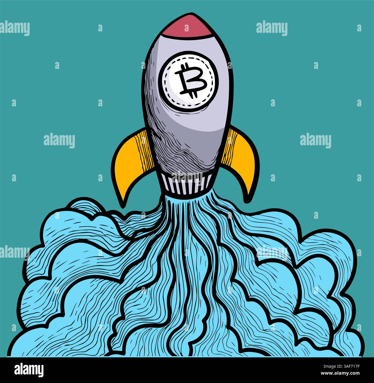bitcoind space rocket take off hand drawn color vector illustration ...