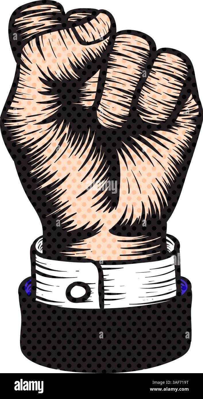 Hand fist in woodcut drawing halftone color vector illustration Stock ...